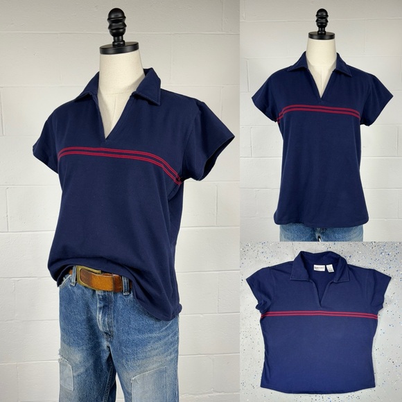 Vintage | Tops | Vintage 9s Fashion Bug Navy Blue Cropped Polo Shirt ...
